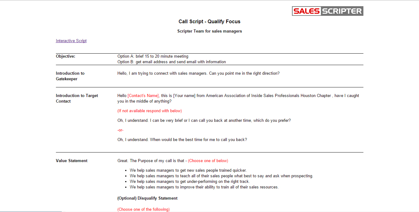 Sample Sales Script